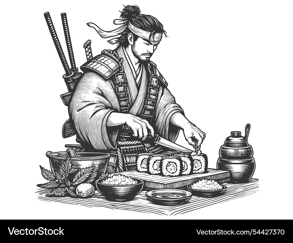 Samurai chef preparing sushi engraving Royalty Free Vector