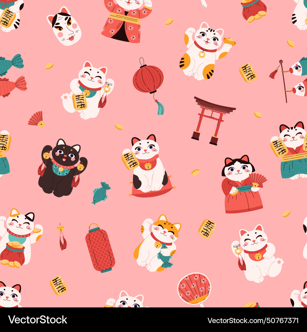 Seamless pattern with cute maneki neko flat style Vector Image