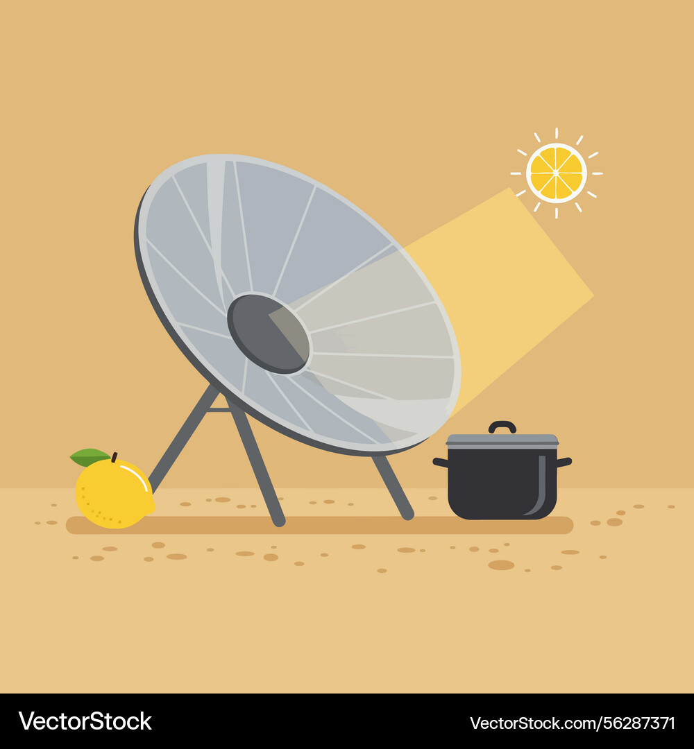 Solar cooker with parabolic reflector focusing Vector Image