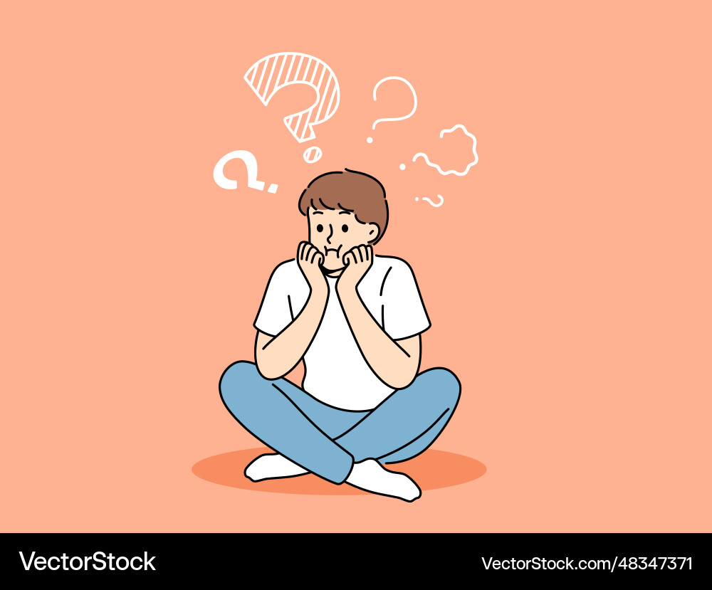Thoughtful boy sits with sad face and questions Vector Image