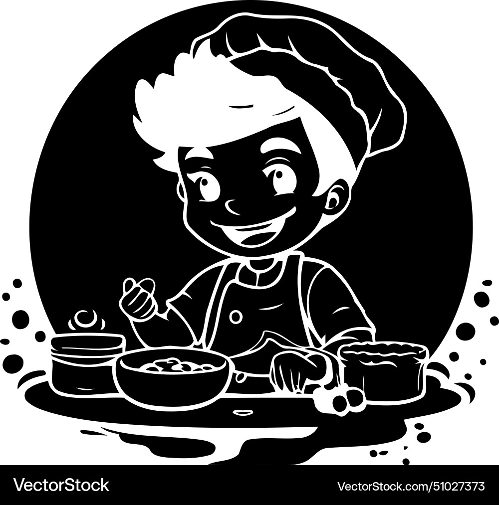 Cute boy chef cooking in the kitchen cartoon Vector Image