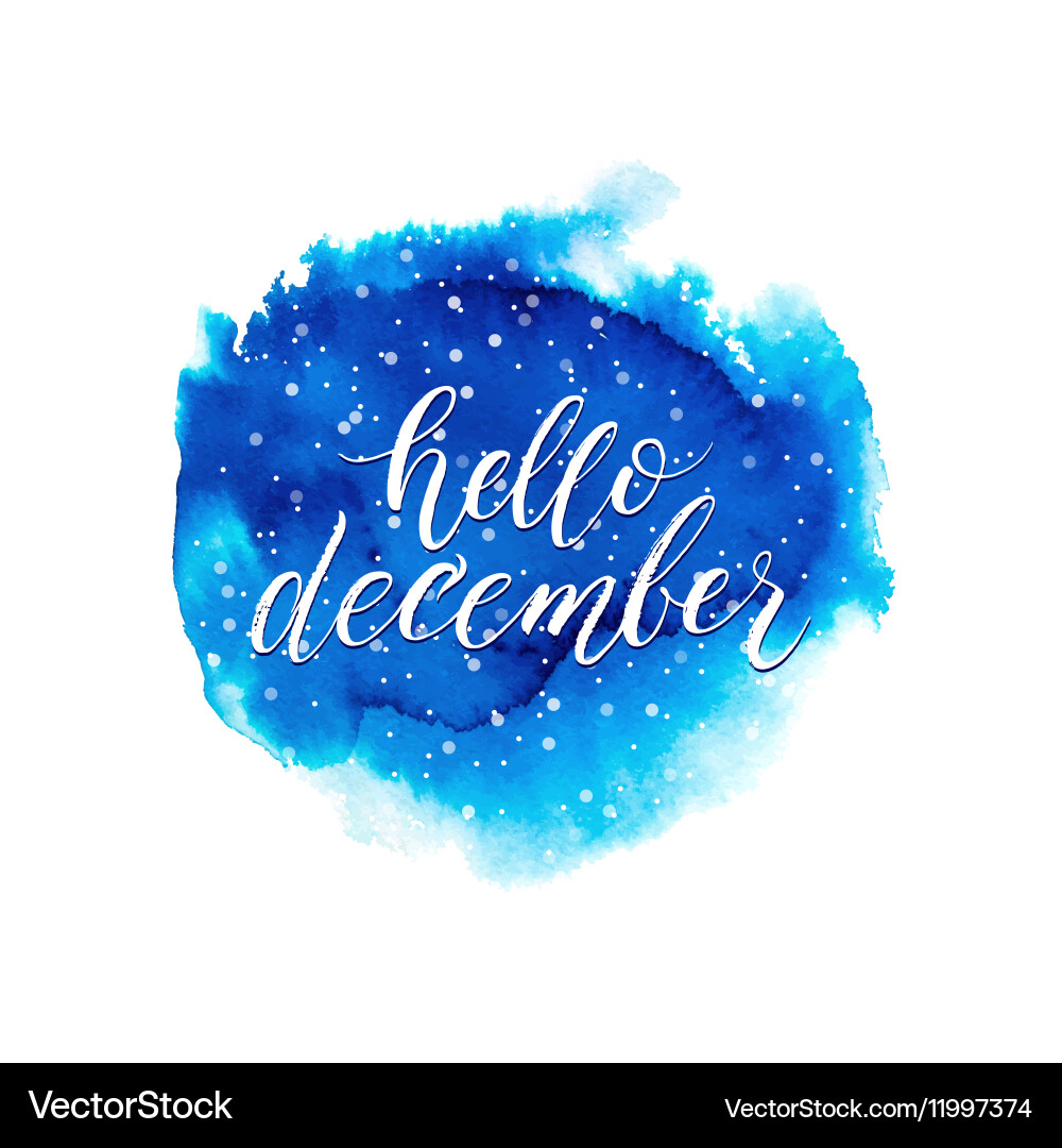 Hello december text on blue watercolor splash Vector Image