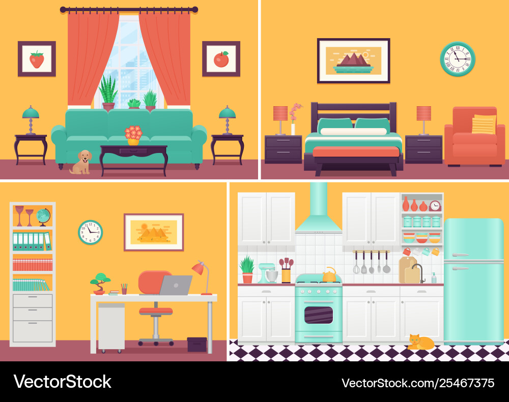 Room interiors in flat design cartoon house Vector Image