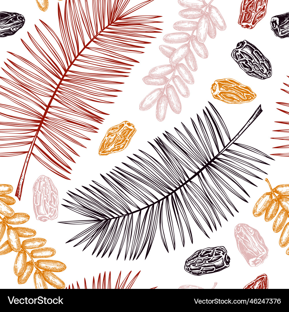 Dates seamless pattern palm leaves and dried Vector Image