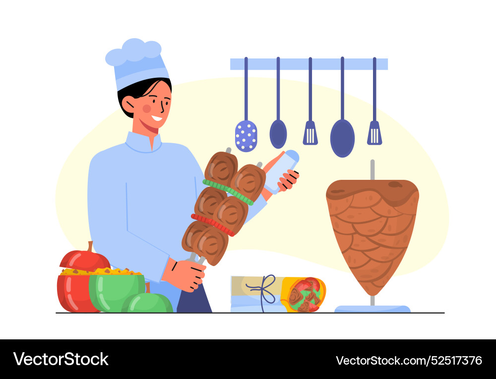 Man cook kebab young guy in white cap preparing Vector Image