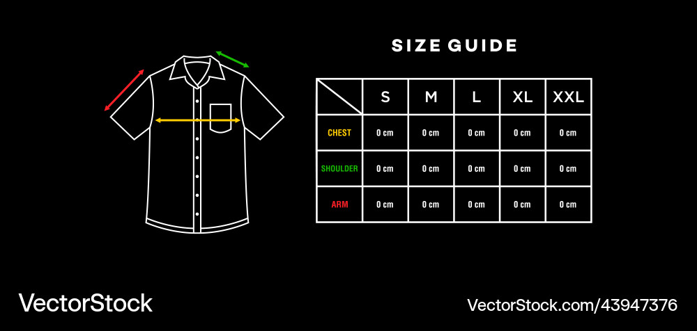 Short sleeve shirt size chart template Royalty Free Vector