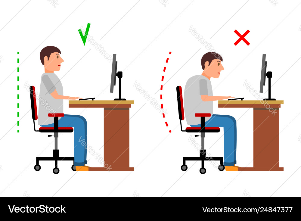 Correct and incorrect back sitting position Vector Image
