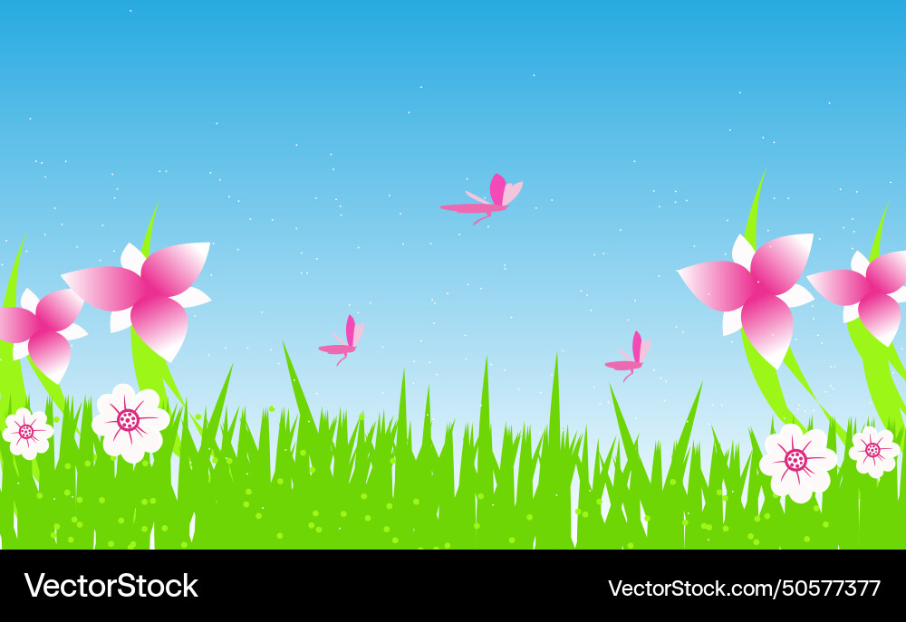 Landscape spring background with flowers and grass