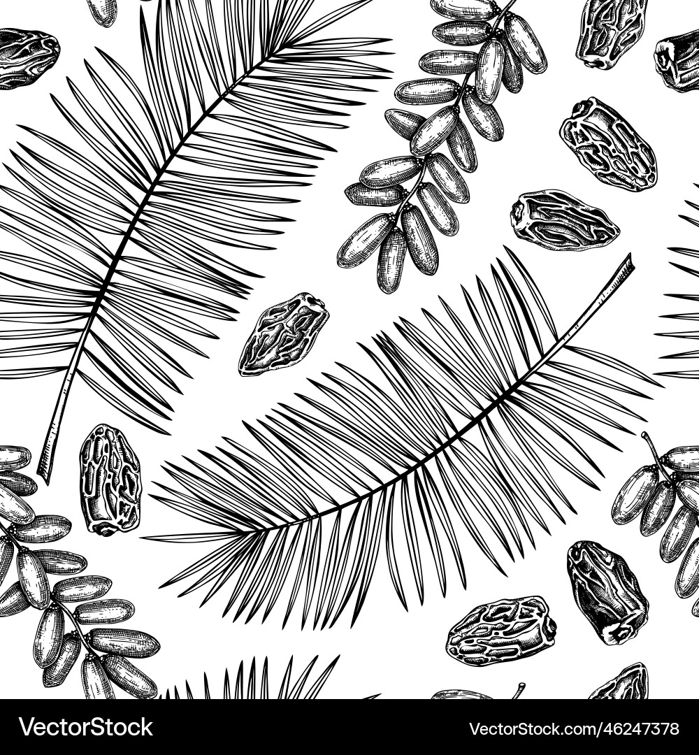 Dried Dates & Palm Leaves Pattern Royalty Free Vector