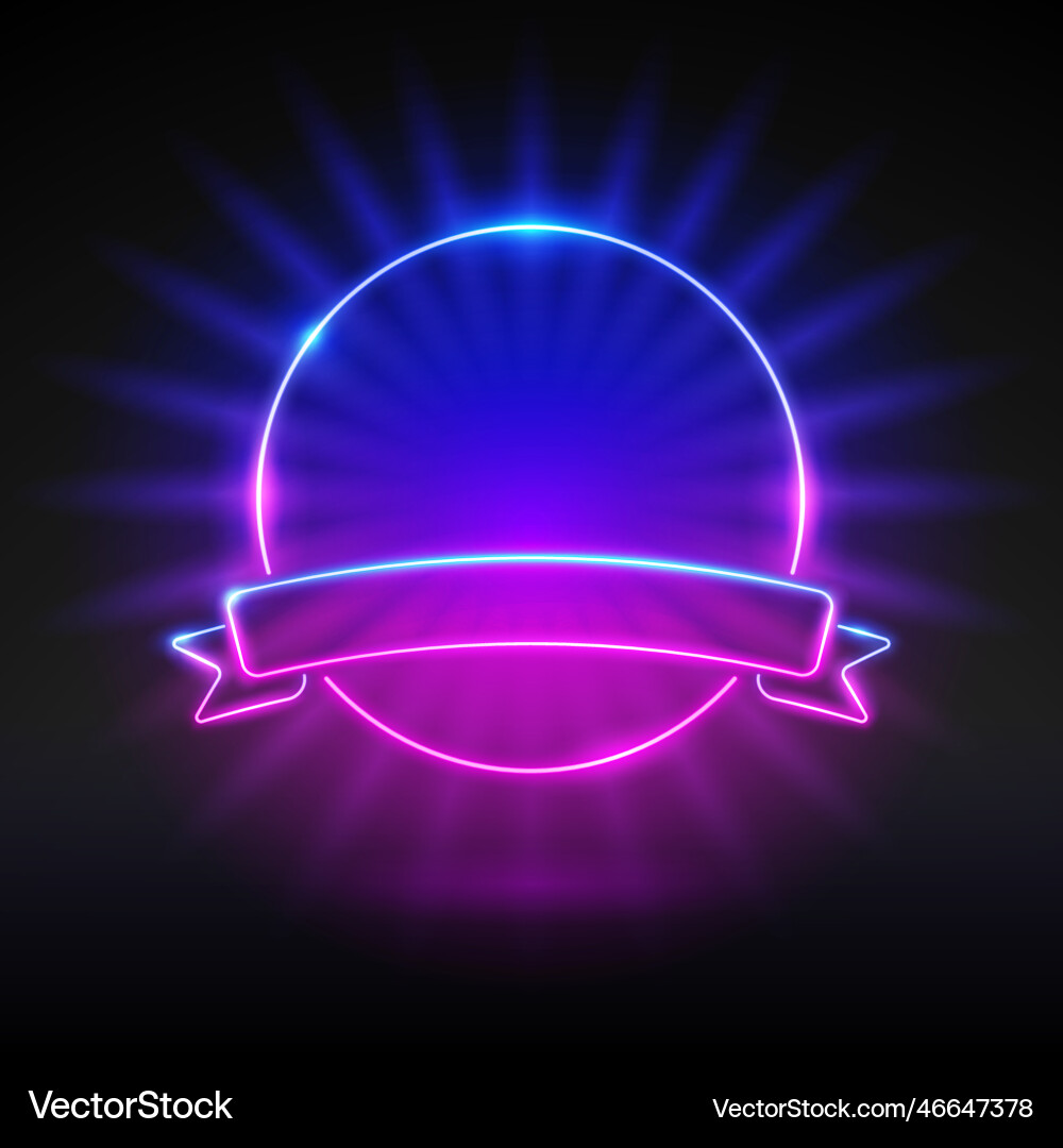 Glowing round neon emblem with ribbon Royalty Free Vector
