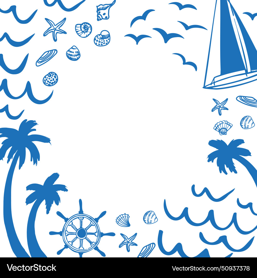 Marine sketch background card with seagulls waves Vector Image