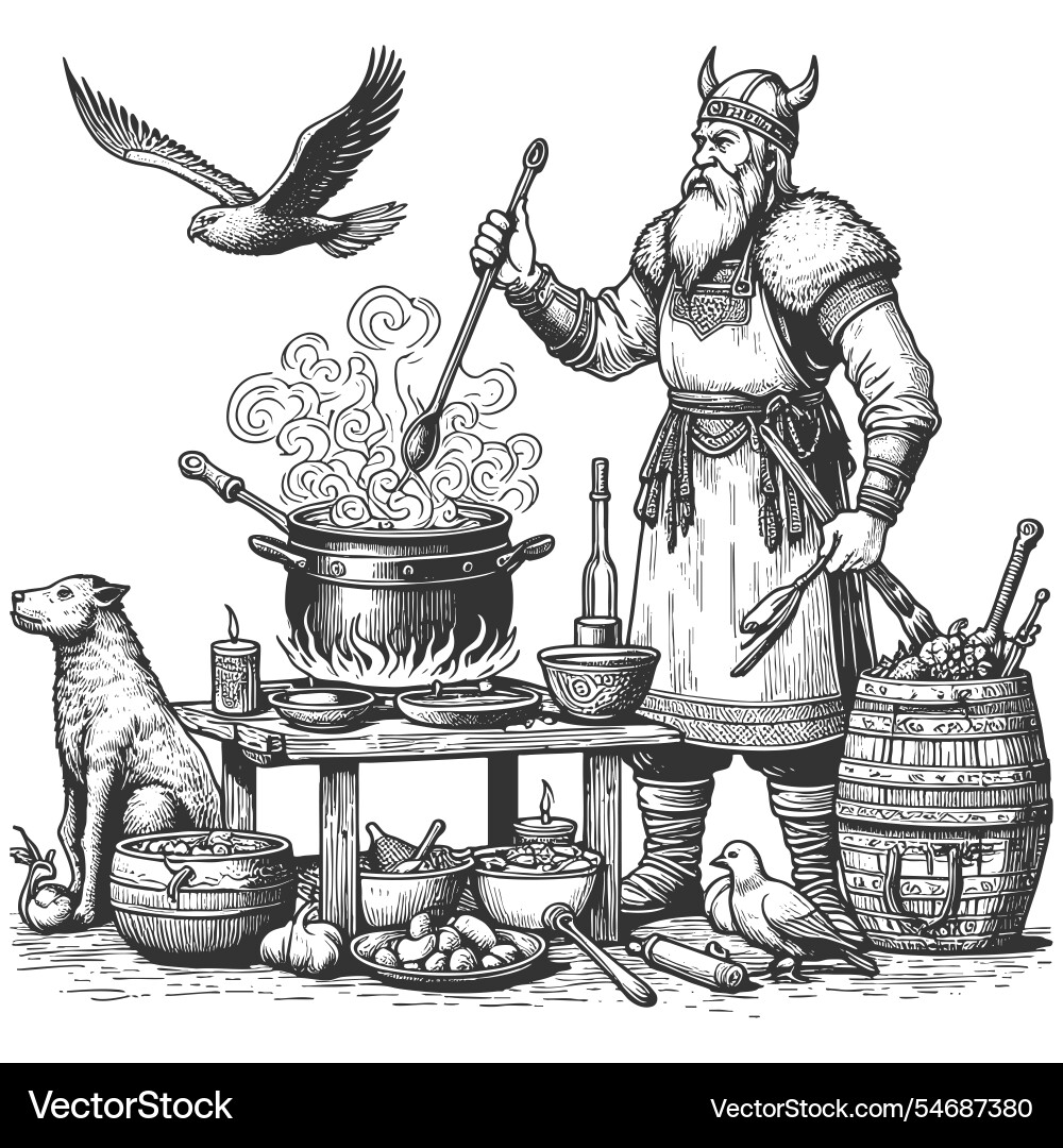 Viking chef preparing feast at outdoor fire Vector Image