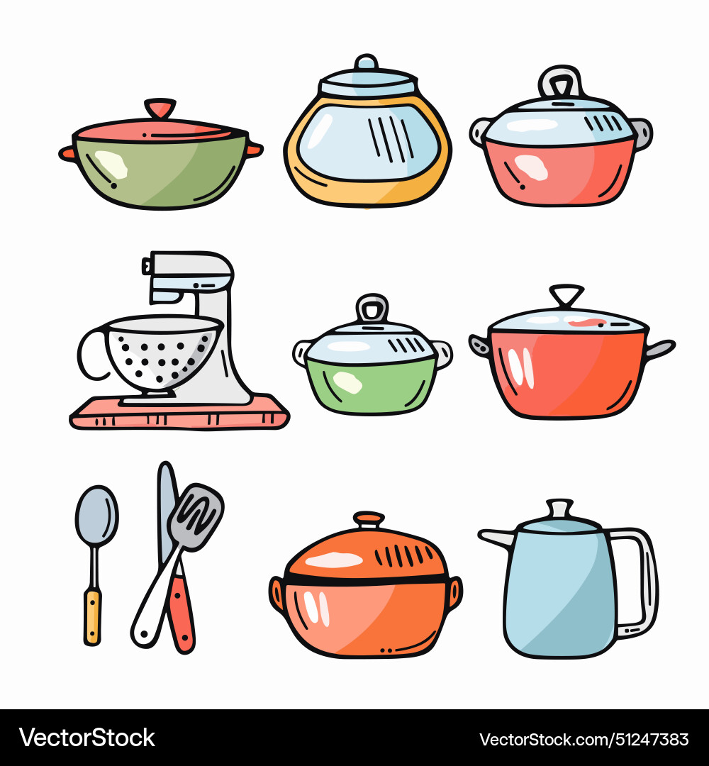 Collection kitchen utensils cookware Royalty Free Vector