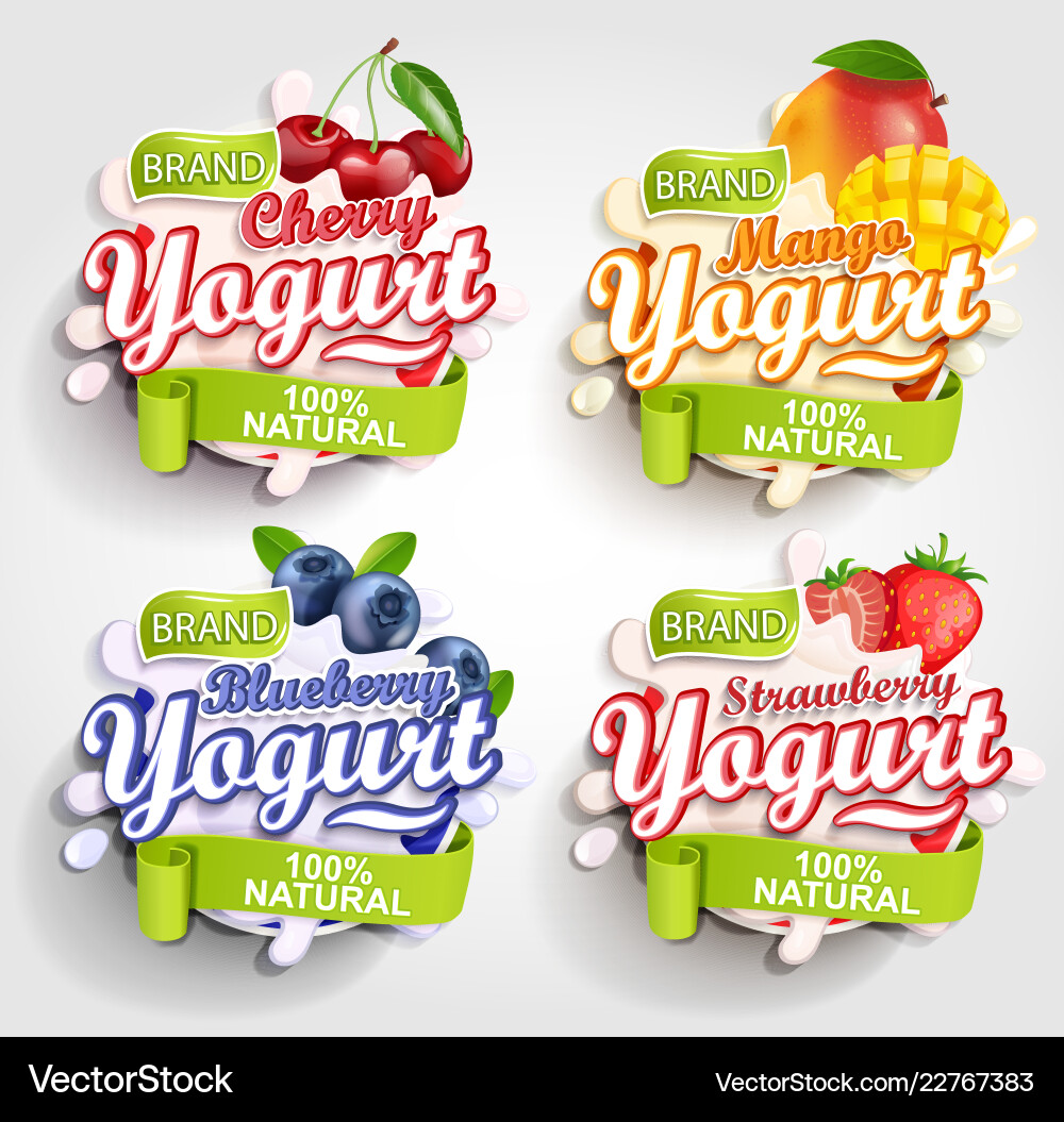 Mango cherry strawberry blueberry yogurt label Vector Image