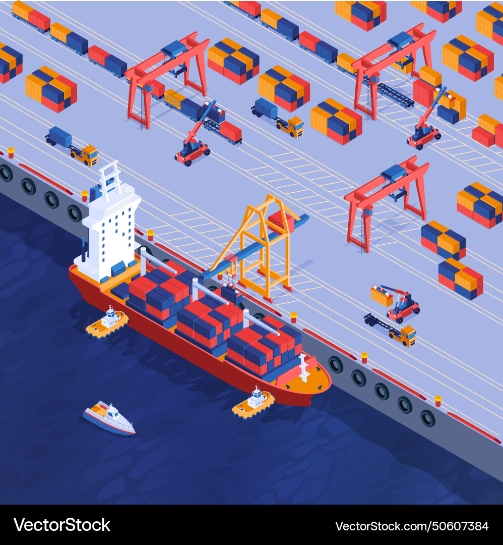 Sea container terminal isometric background Vector Image