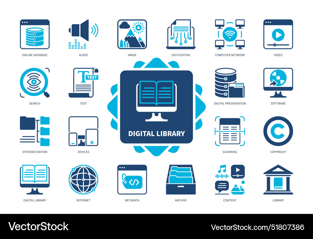 Digital library solid icon set Royalty Free Vector Image