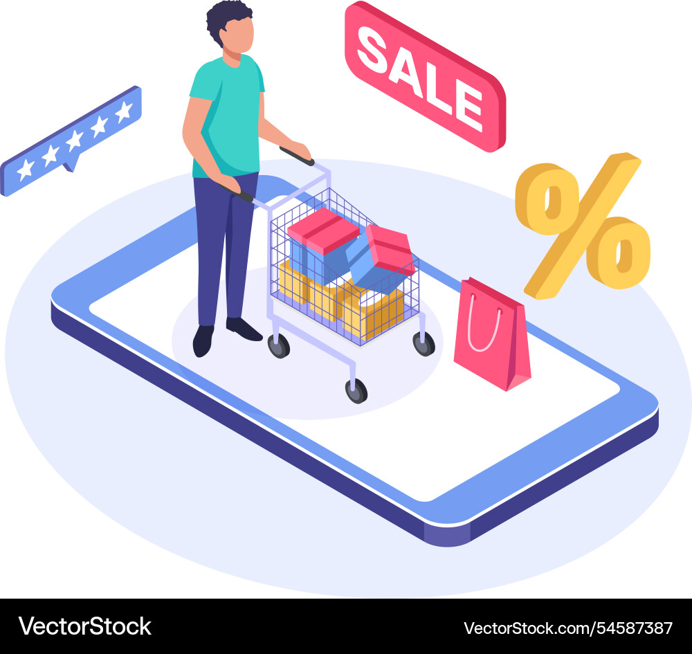 Customer is pushing a shopping cart full Vector Image