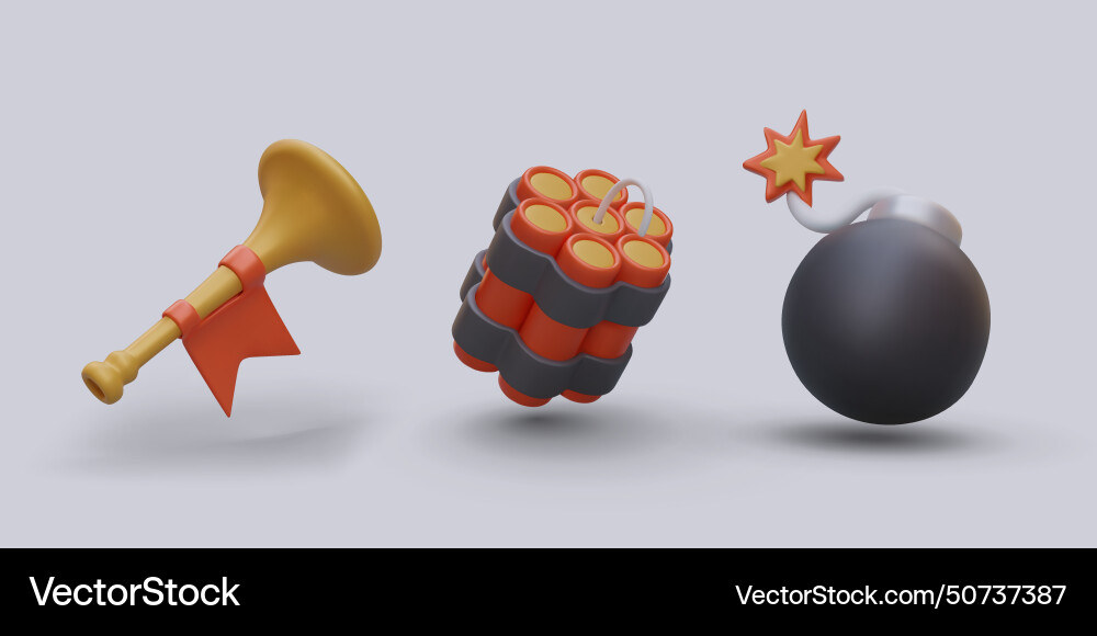 Game icons set realistic trumpet with red flag Vector Image