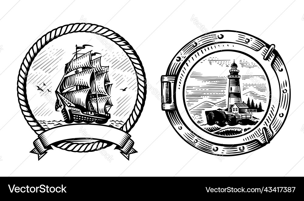 Nautical Ship Emblem - Lighthouse & Rope Vector Image