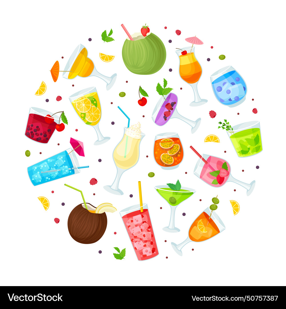 Tasty cocktail drink web round composition design Vector Image