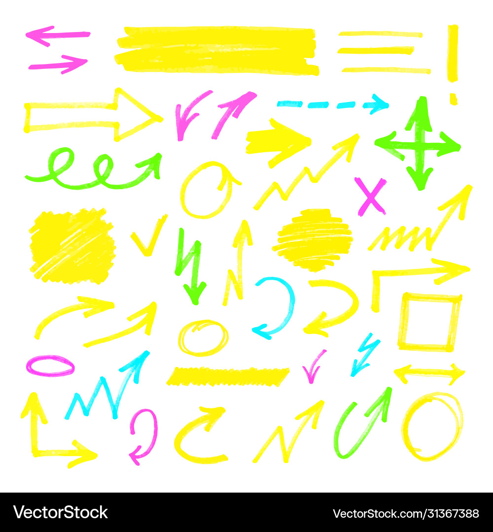 Set hand drawn marker arrows and stains Royalty Free Vector