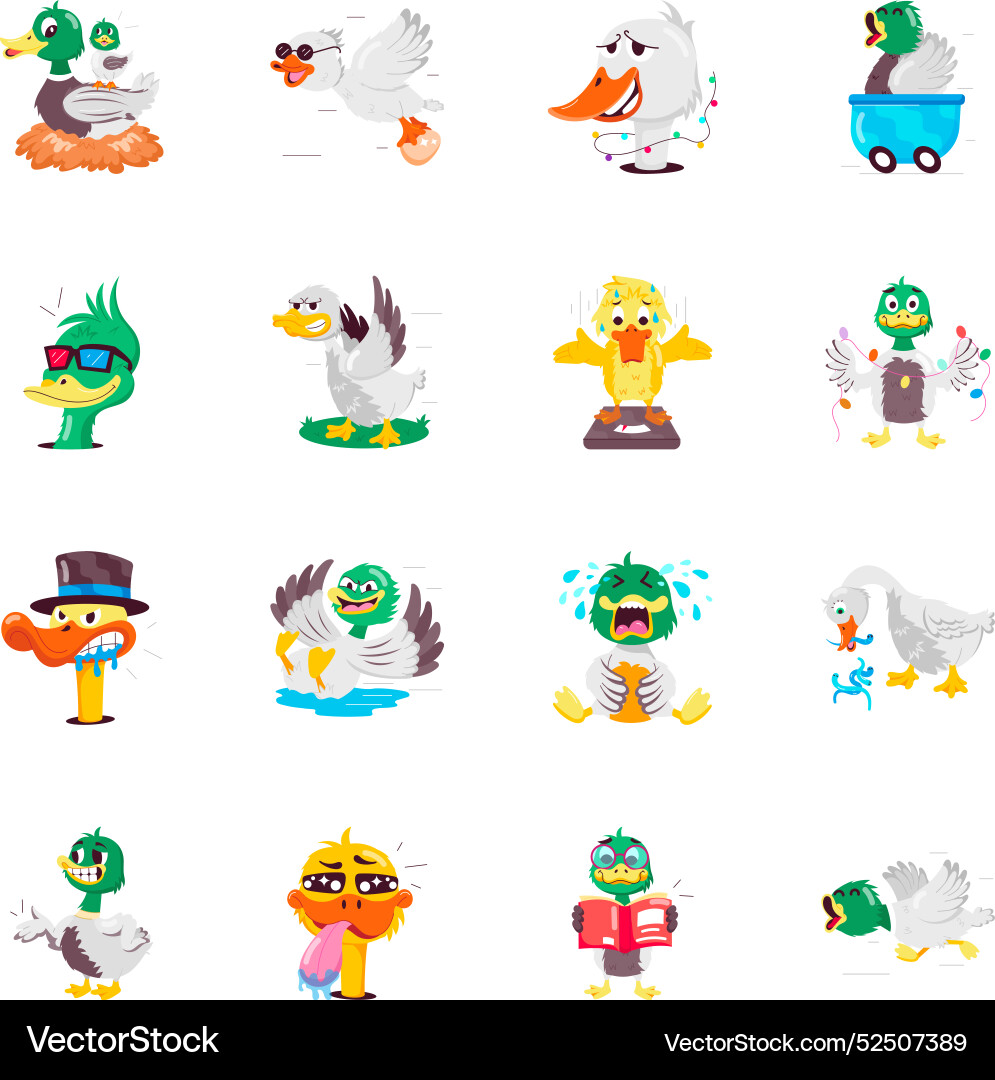Basic rgbset of cute duck character flat stickers Vector Image