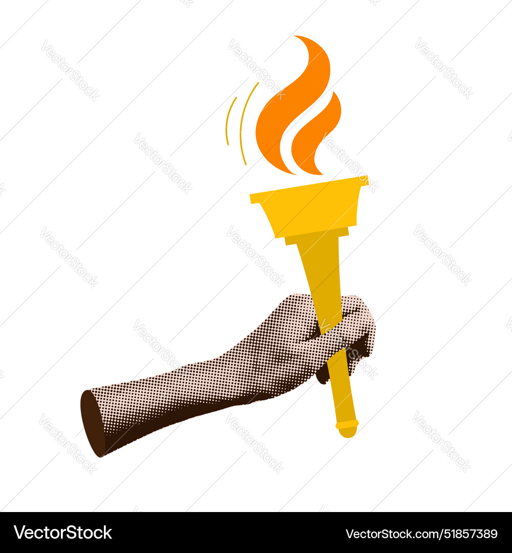 Halftone collage hand holding torch with burning Vector Image