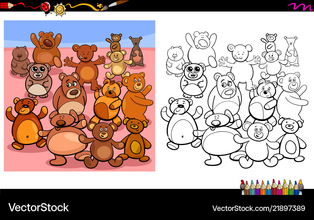 Teddy bears characters group coloring book Vector Image