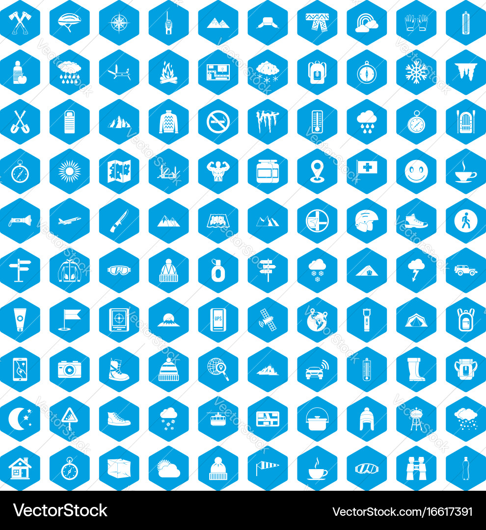 100 Bergsteiger-Icons blau Lizenzfreies Vektorbild