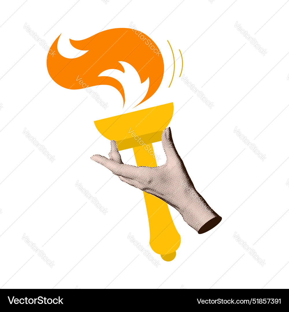 Hand holding burning torch trendy vintage collage Vector Image