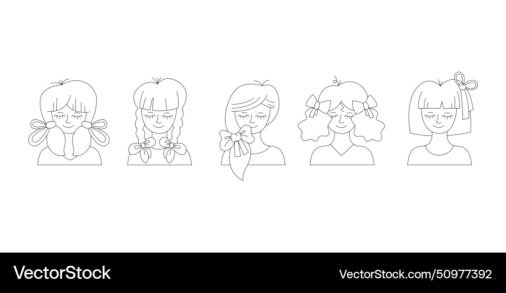 Set with 5 girls different hairstyles Royalty Free Vector