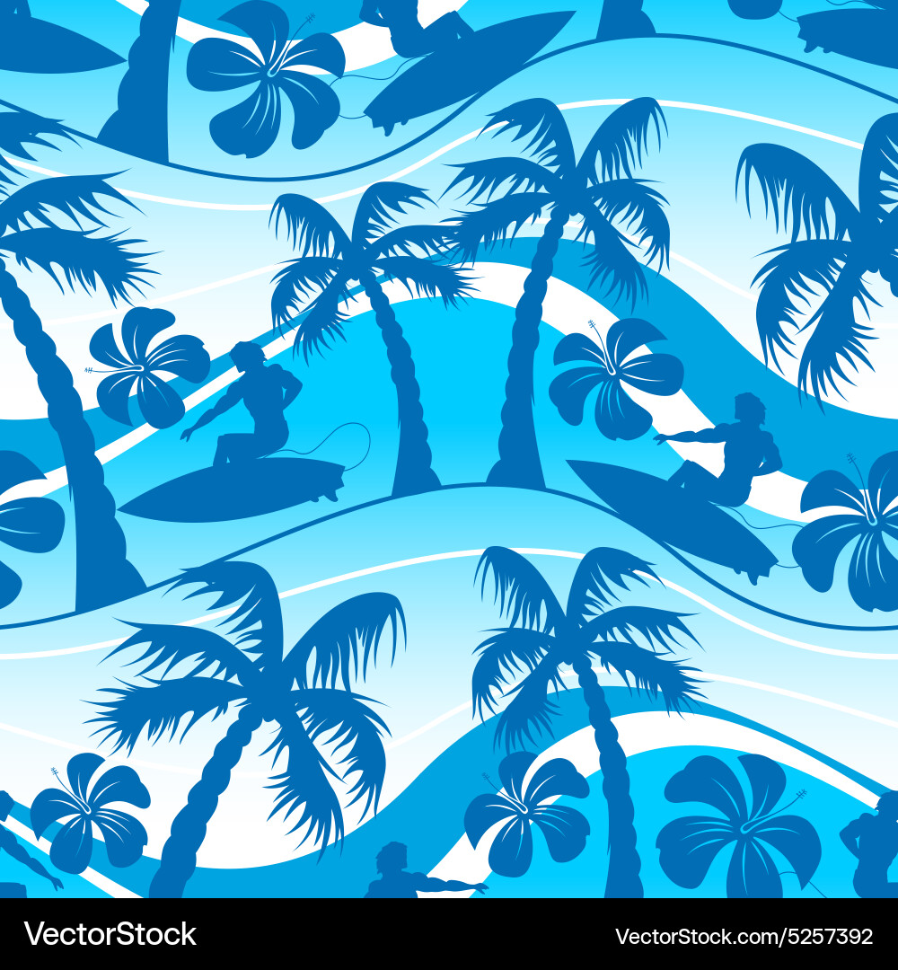 Surfer with palm tree seamless pattern Royalty Free Vector