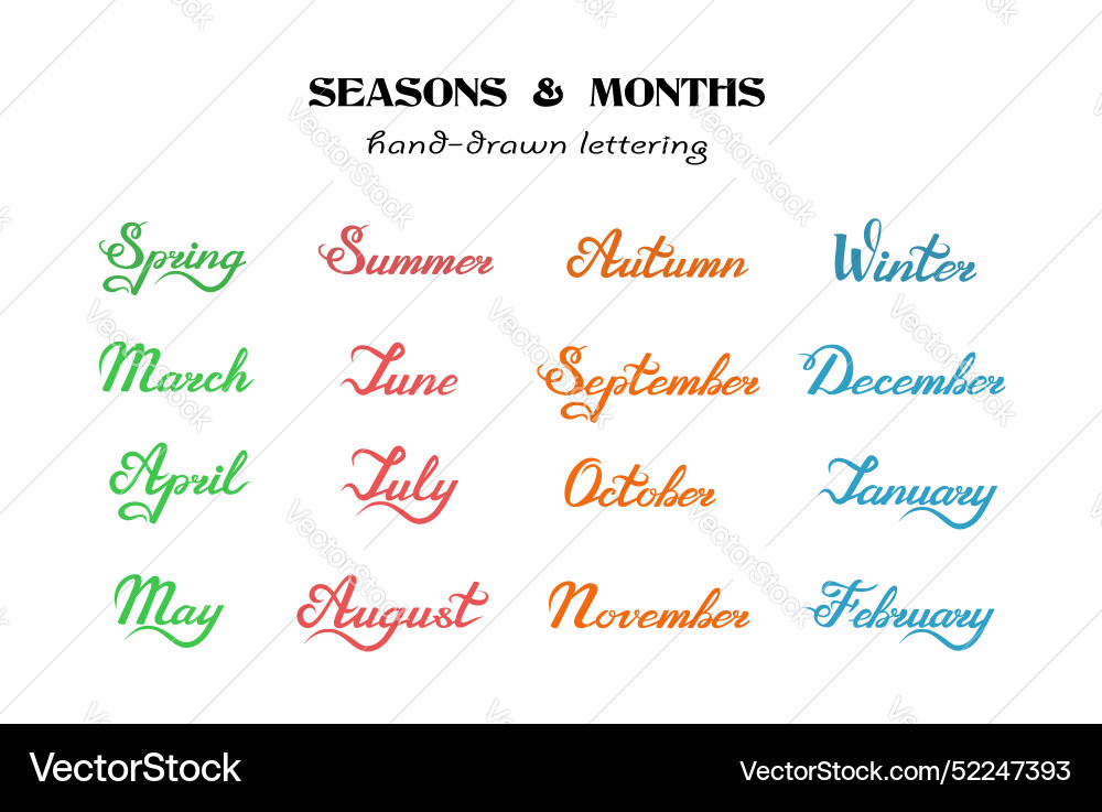 Lettering seasons and months with leaves Vector Image