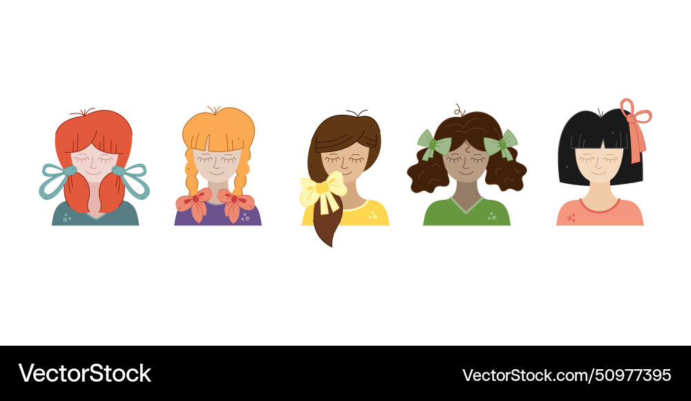 Set with 5 girls different hairstyles Royalty Free Vector