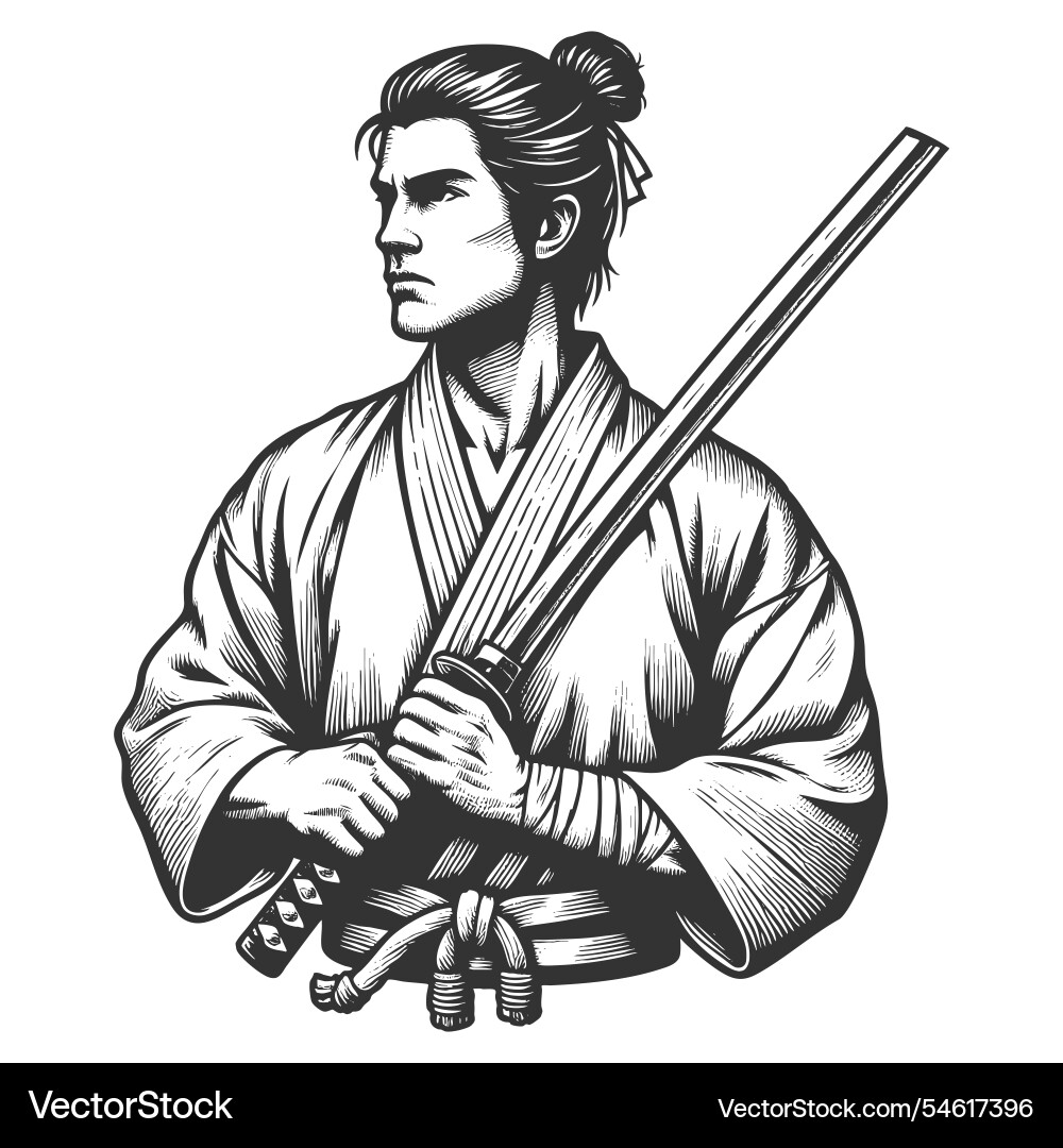 Bushido samurai with sword engraving Royalty Free Vector