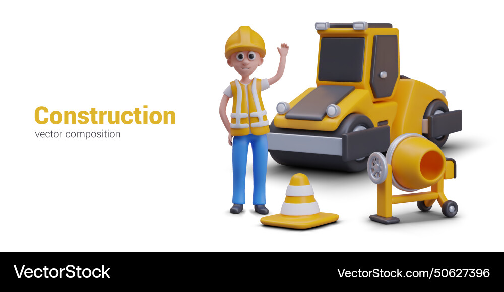 Construction concept in 3d cartoon style worker Vector Image