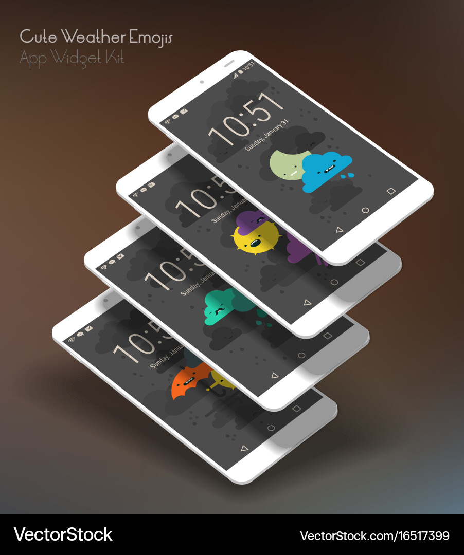 Cute weather moile app screens on 3d smartphone Vector Image