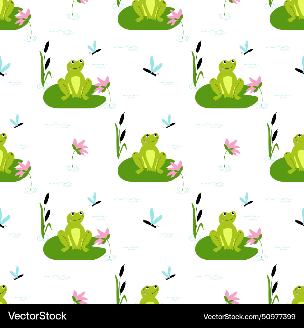 Seamless pattern with cute frog dragonfly Vector Image