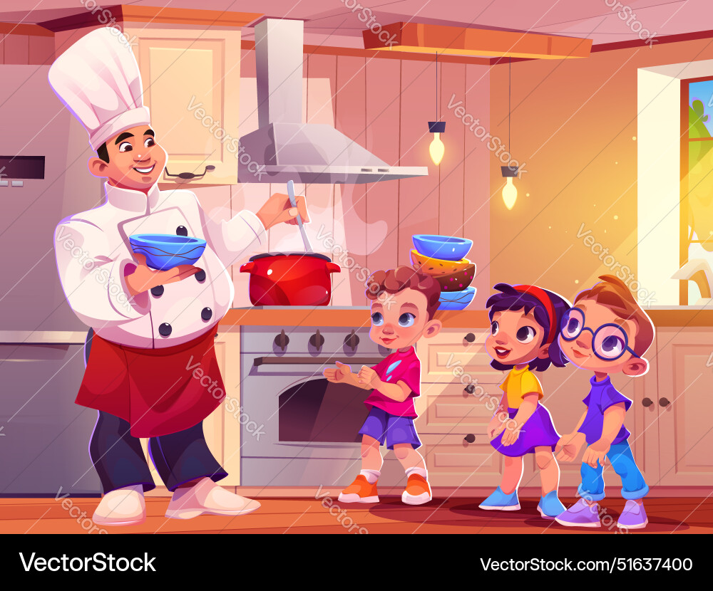 Chef serving dinner for kids at nursery school Vector Image