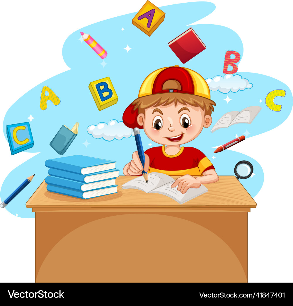 A boy doing homework with books on white Vector Image