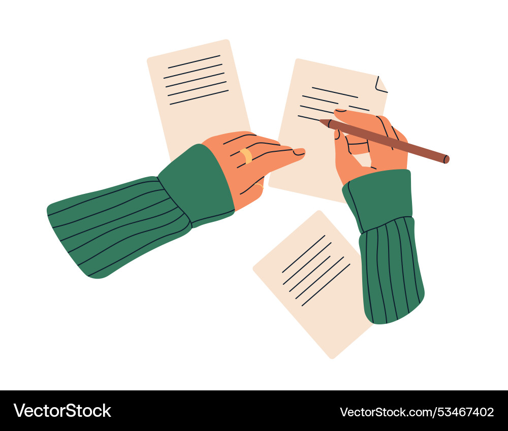 Hands writing on paper with pencil top view Vector Image