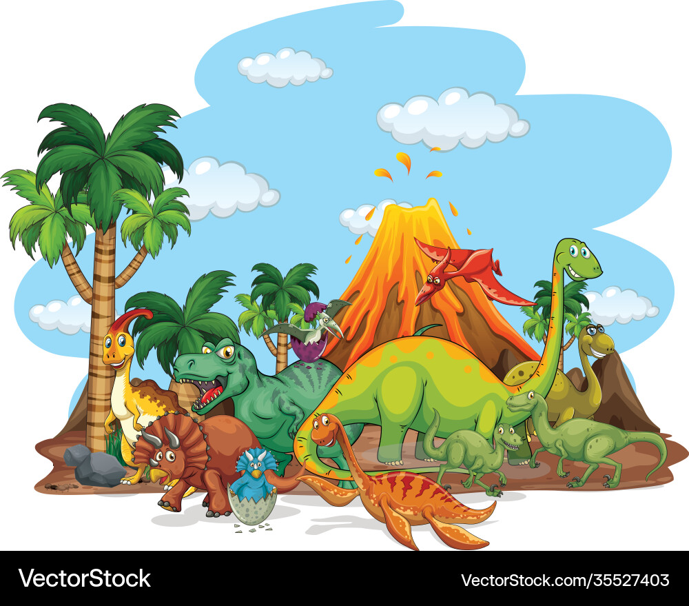 Dinosaurs cartoon character in nature scene Vector Image