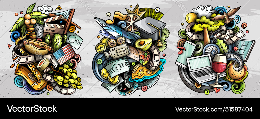 California cartoon doodle designs set Royalty Free Vector