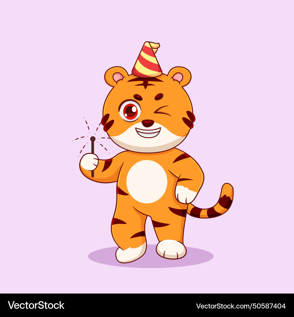 Cute tiger playing fireworks Royalty Free Vector Image