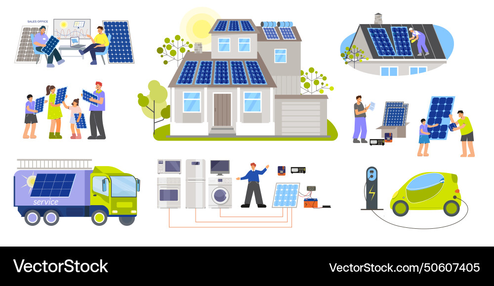 Solar energy house set Royalty Free Vector Image