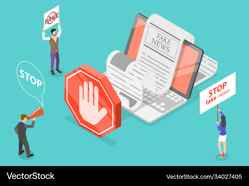 Stop fake news 3d isometric conceptual Royalty Free Vector