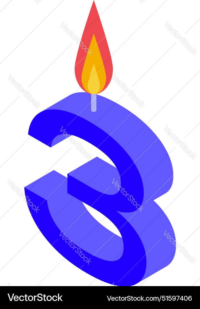 Blue number three candle burning with a flame Vector Image
