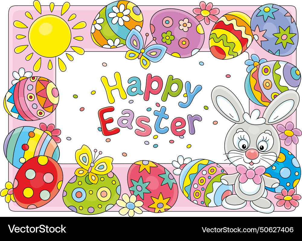 Easter frame with a little bunny and painted eggs Vector Image