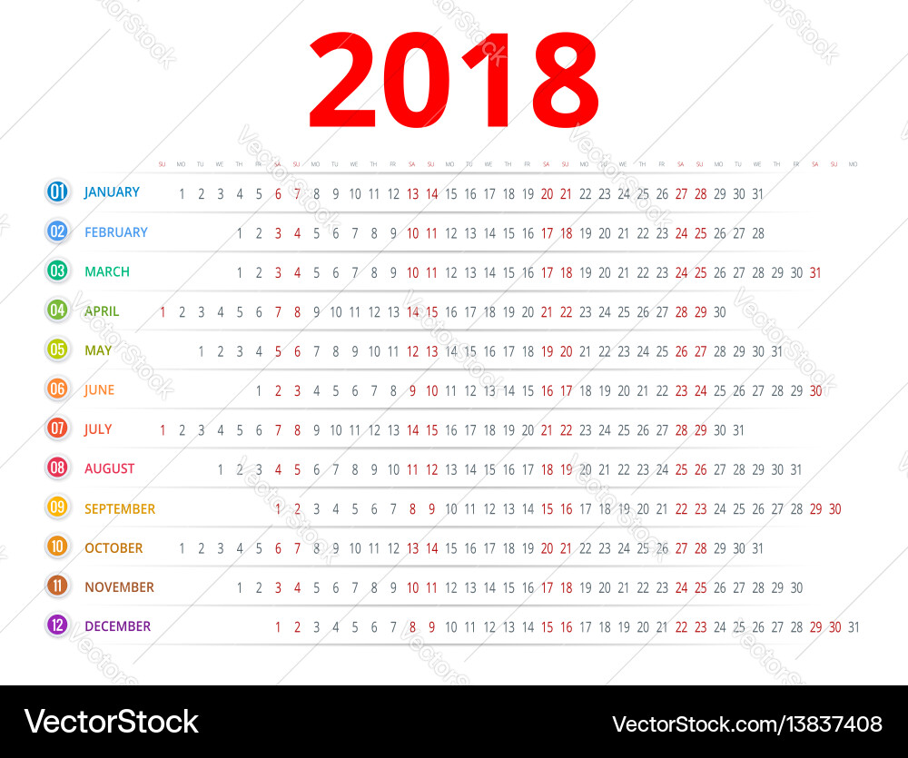 2018 calendar print template week starts sunday Vector Image