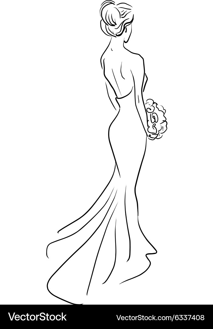 Bride back with bouquet of flowers Royalty Free Vector Image